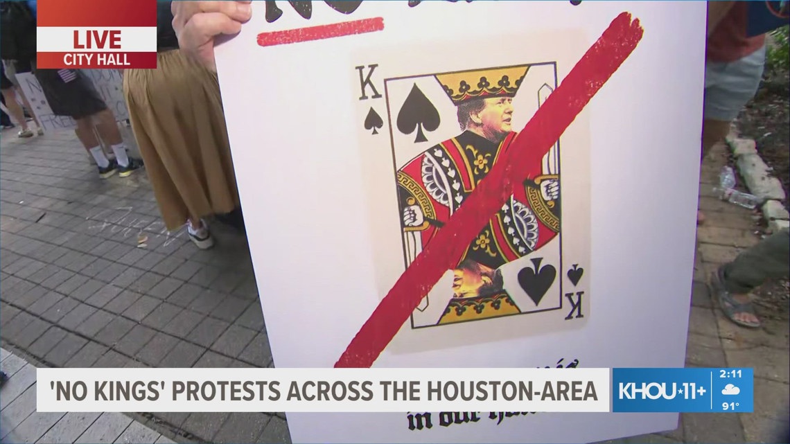 Texas professor protesting in 'No Kings' rally at Houston City Hall ...