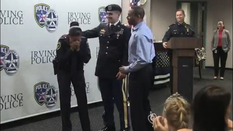 Soldier surprises mom during her Irving PD swearing-in ceremony | khou.com