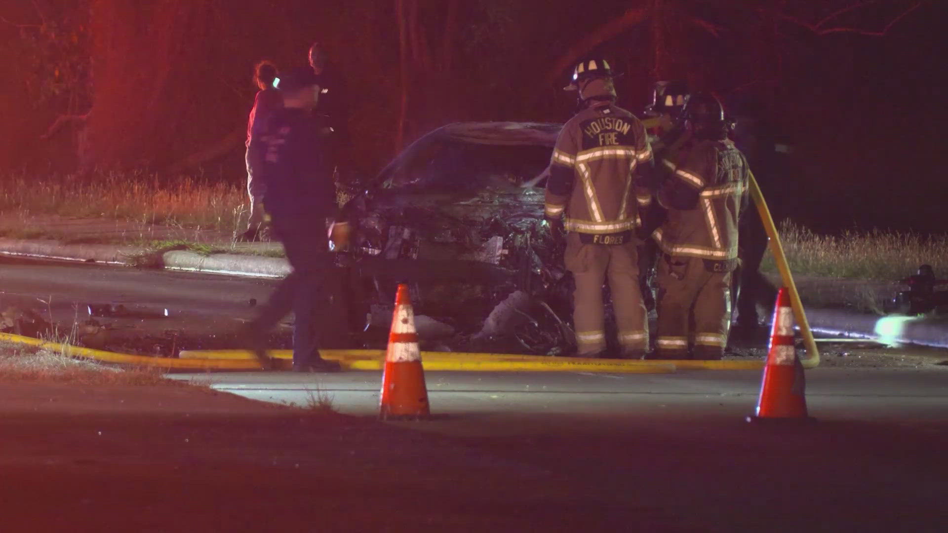 Woman killed after car hits tree, catches fire on Belfort, Houston ...