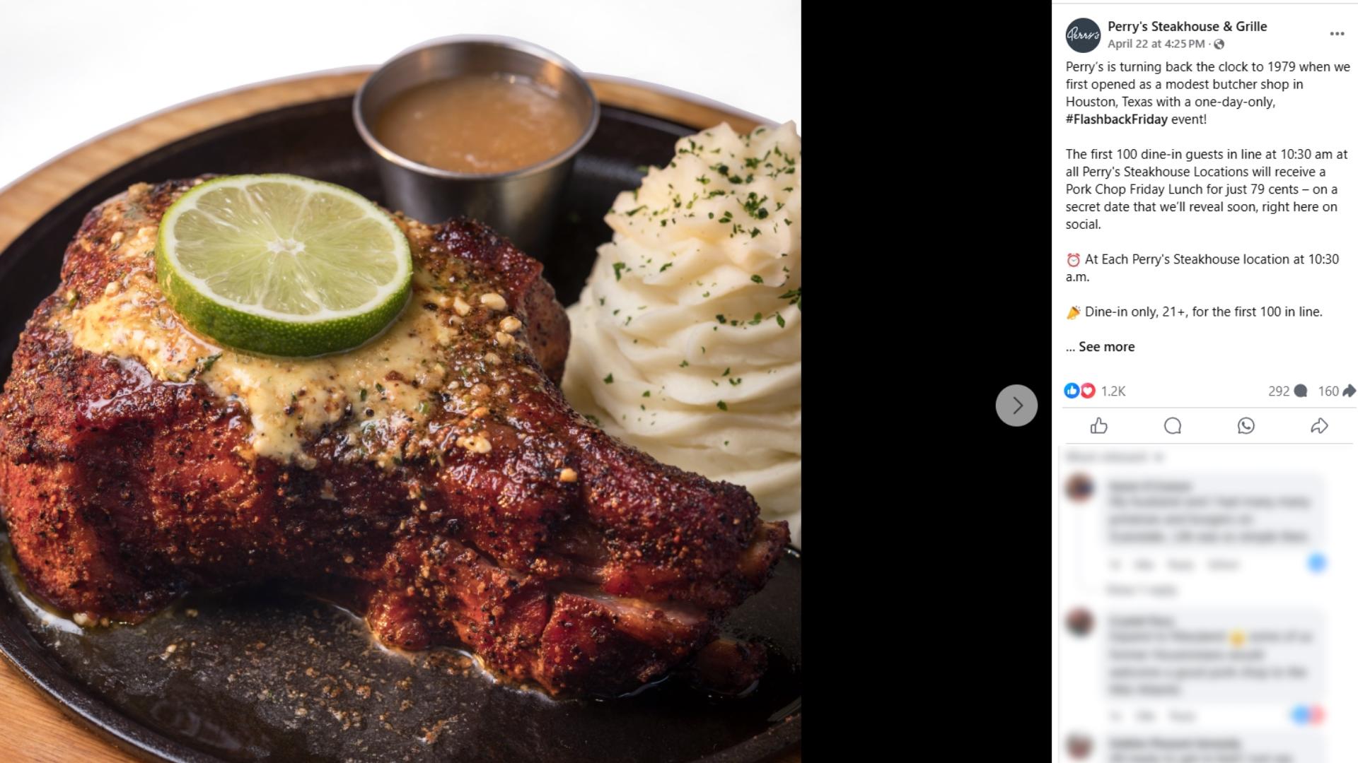 Perry’s offers 79-cent pork chop lunch on May 2 | khou.com