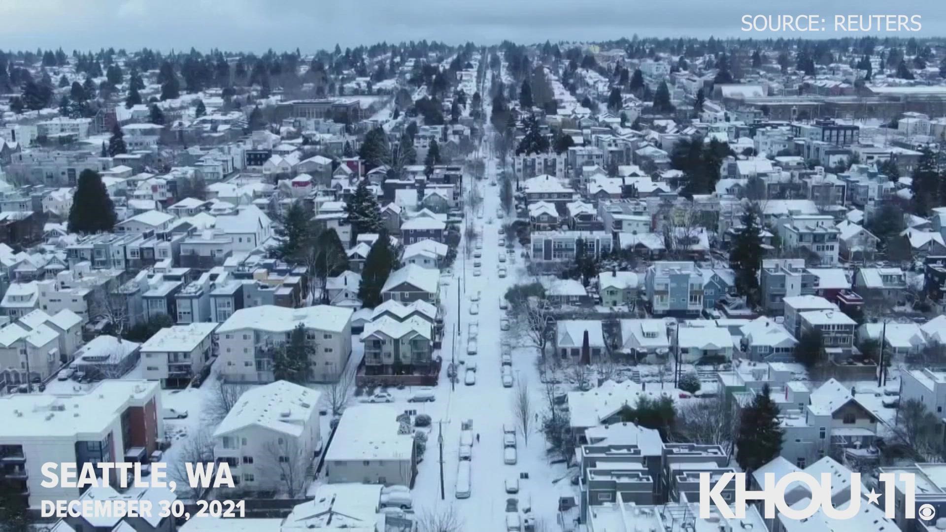 Overnight storm drops about 3 inches of snow on Seattle | Aerial view ...