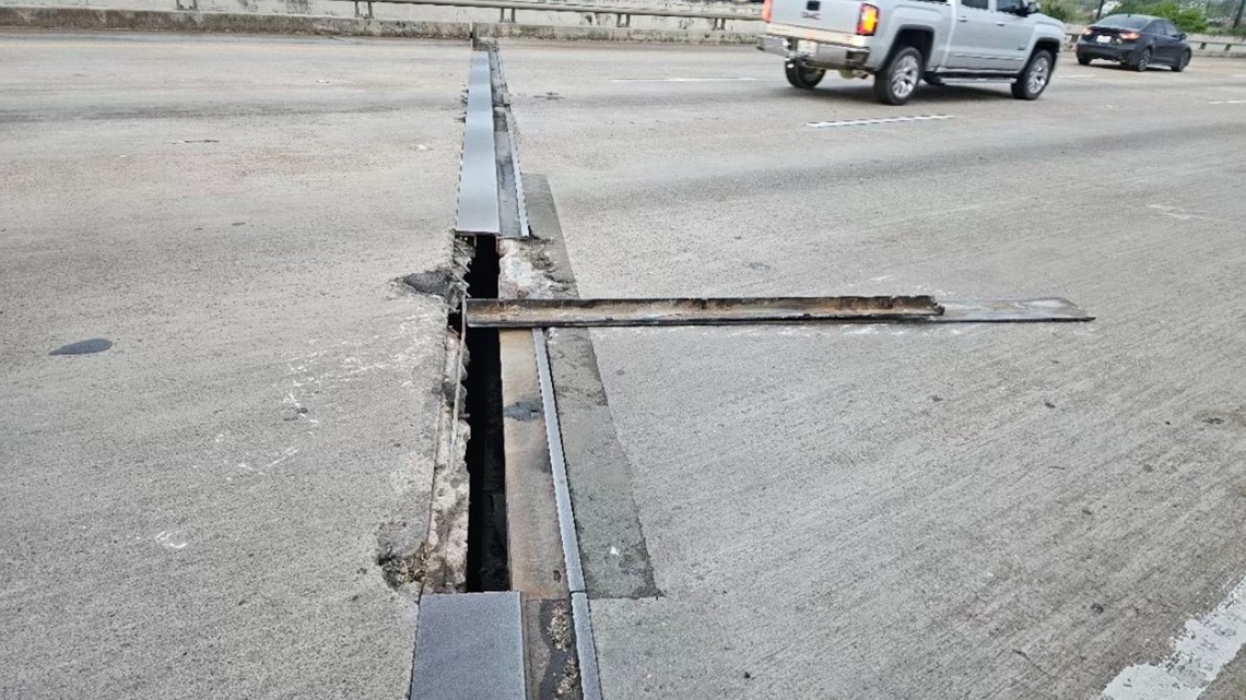 Large pothole on East Freeway at San Jacinto River bridge | khou.com
