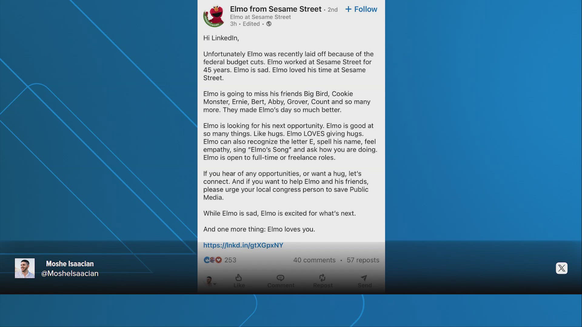 Elmo LinkedIn account says the Sesame Street icon was 'laid off' | khou.com