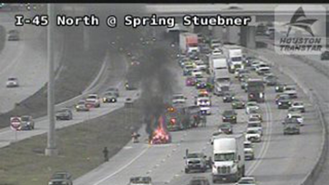 Two lanes closed after car fire on I-45 North in Spring | khou.com