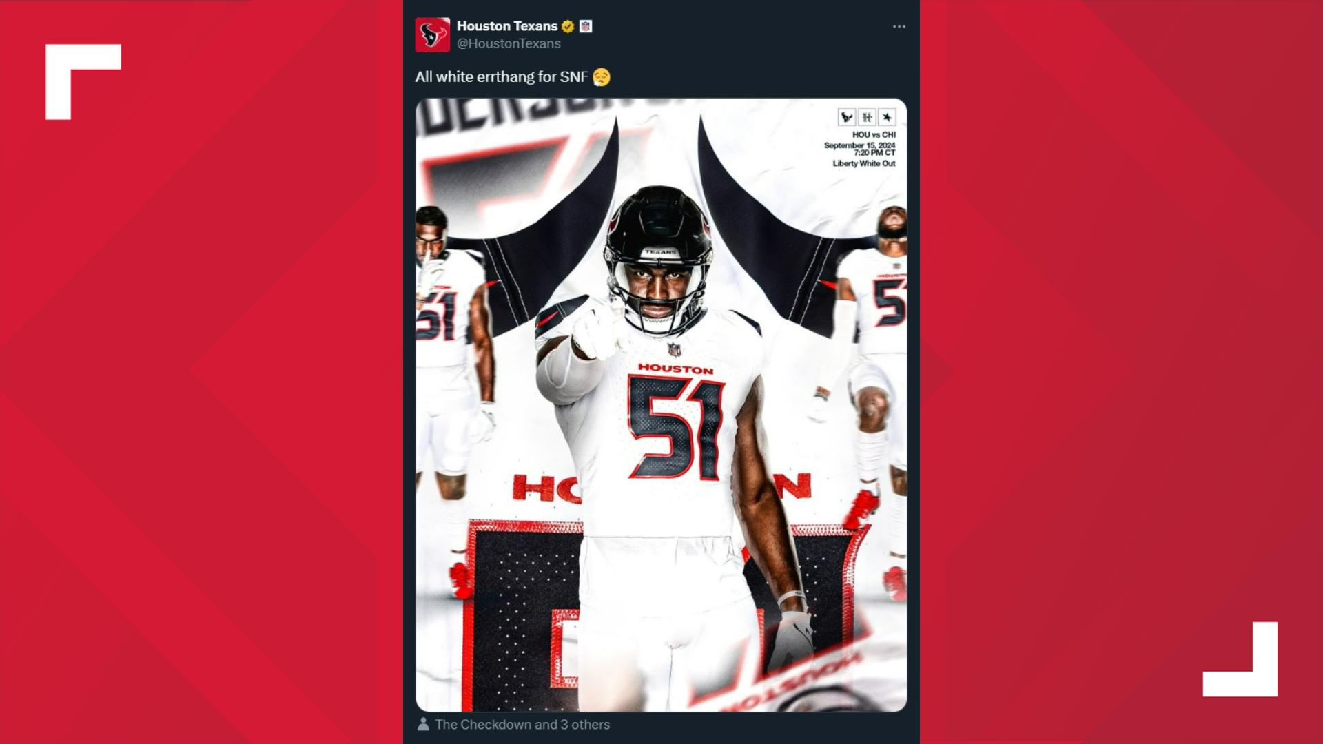 Houston Texans to wear white out uniforms against Chicago Bears | khou.com