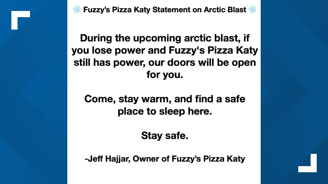 Houston weather: Fuzzy Pizza Katy opening during Arctic blast | khou.com