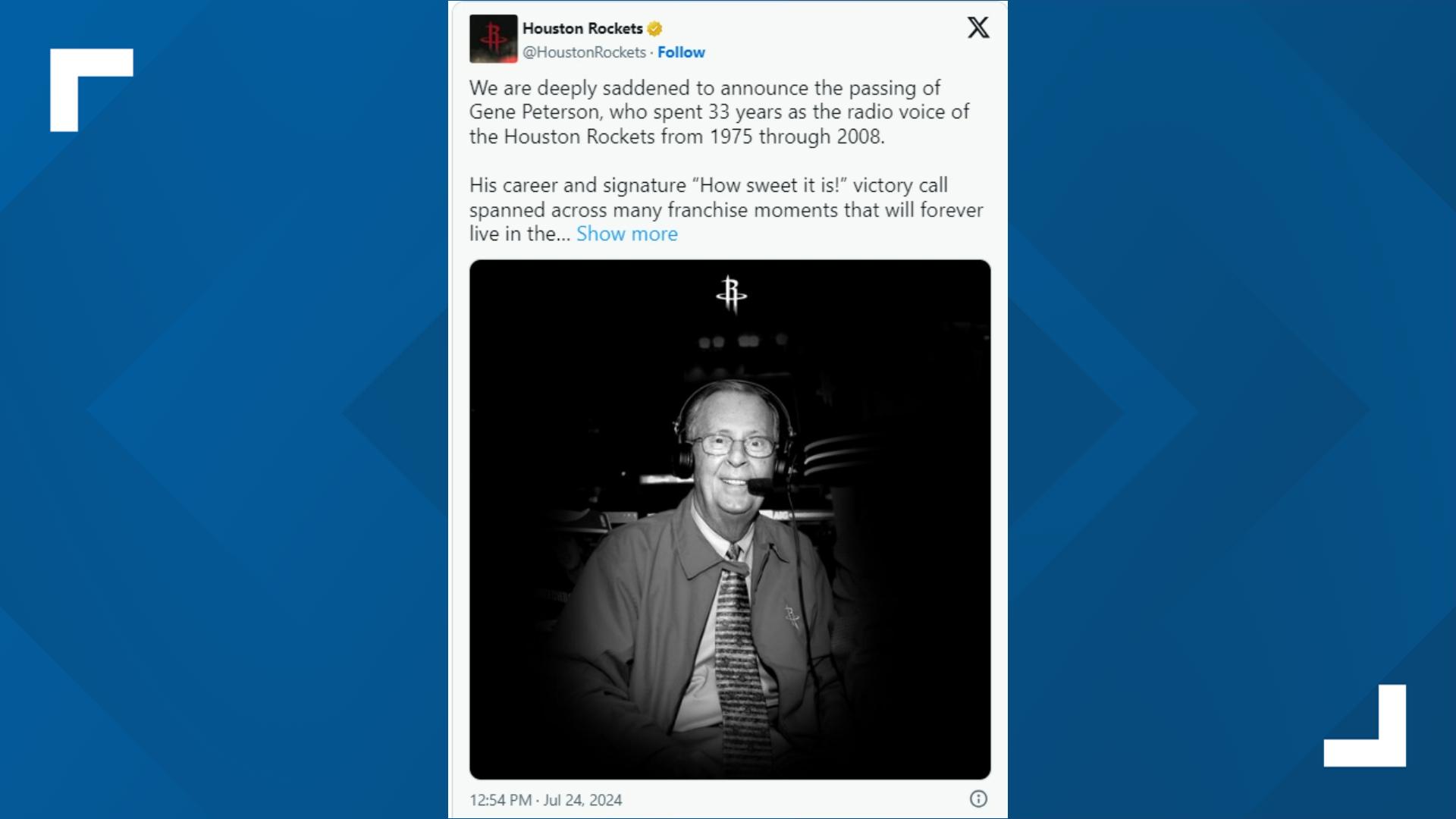 Former longtime Rockets radio announcer Gene Peterson dies | khou.com