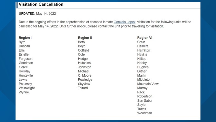 TDCJ cancels prison visitations as escapee still on the run | khou.com