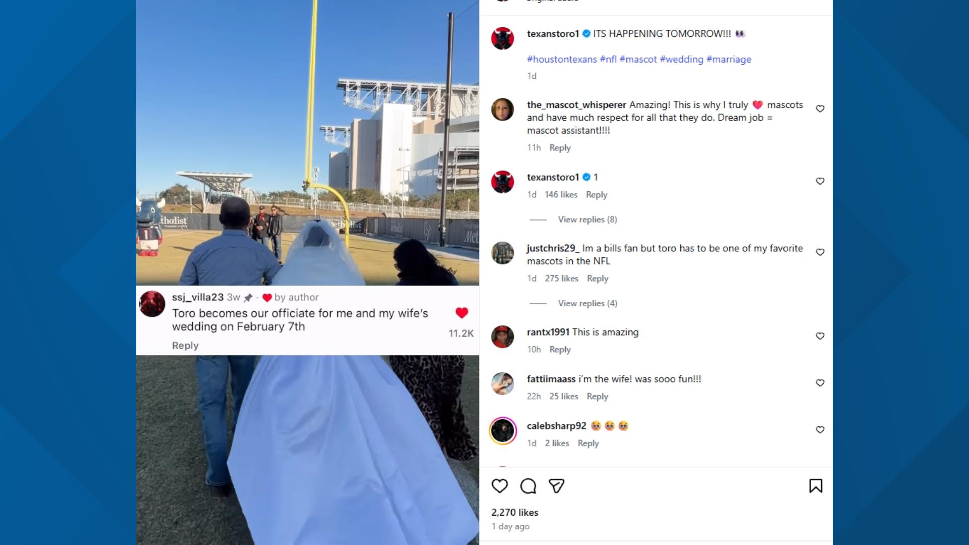 Houston Texans' TORO can add 'officiant' to his resume after viral ...
