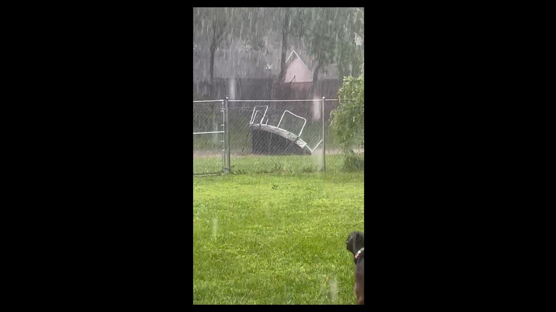 Trampoline floats down ditch during severe weather in Needville | khou.com