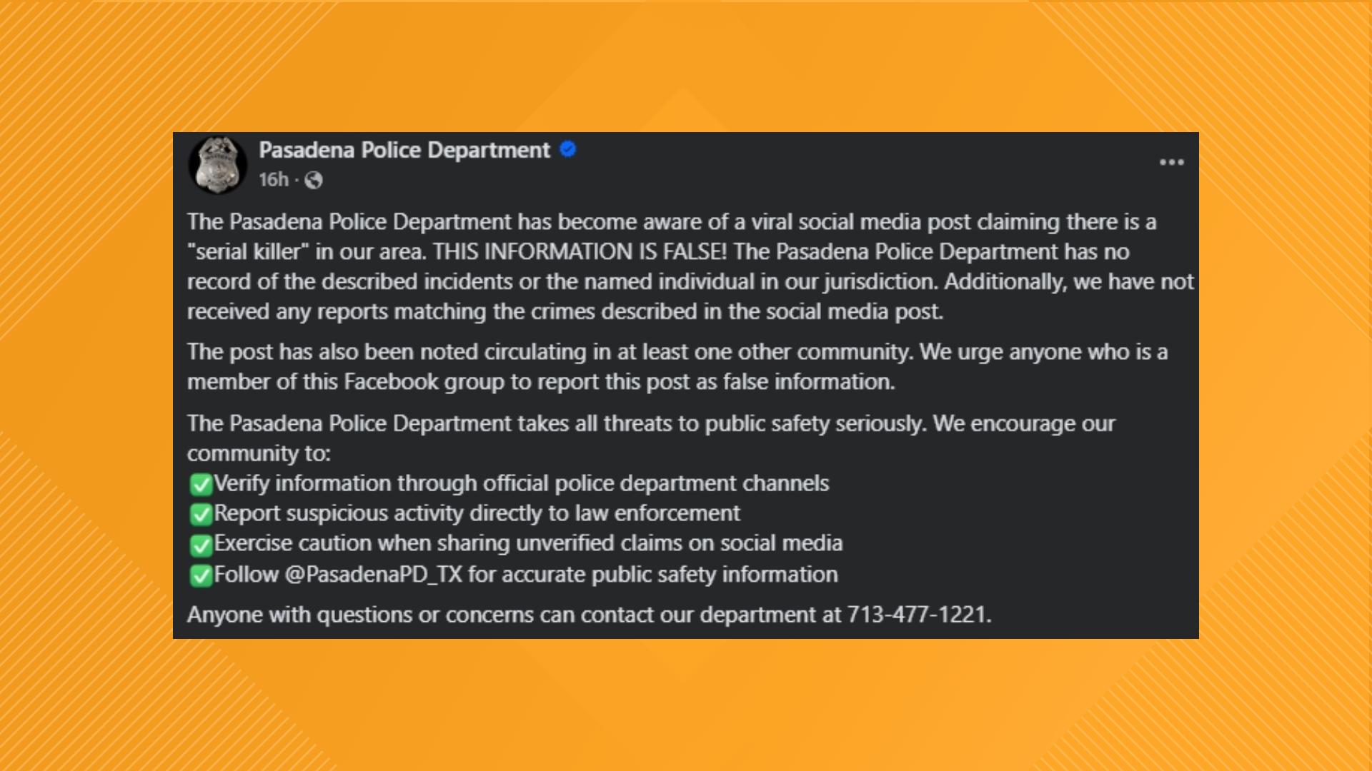 Pasadena serial killer post is fake, police say | khou.com