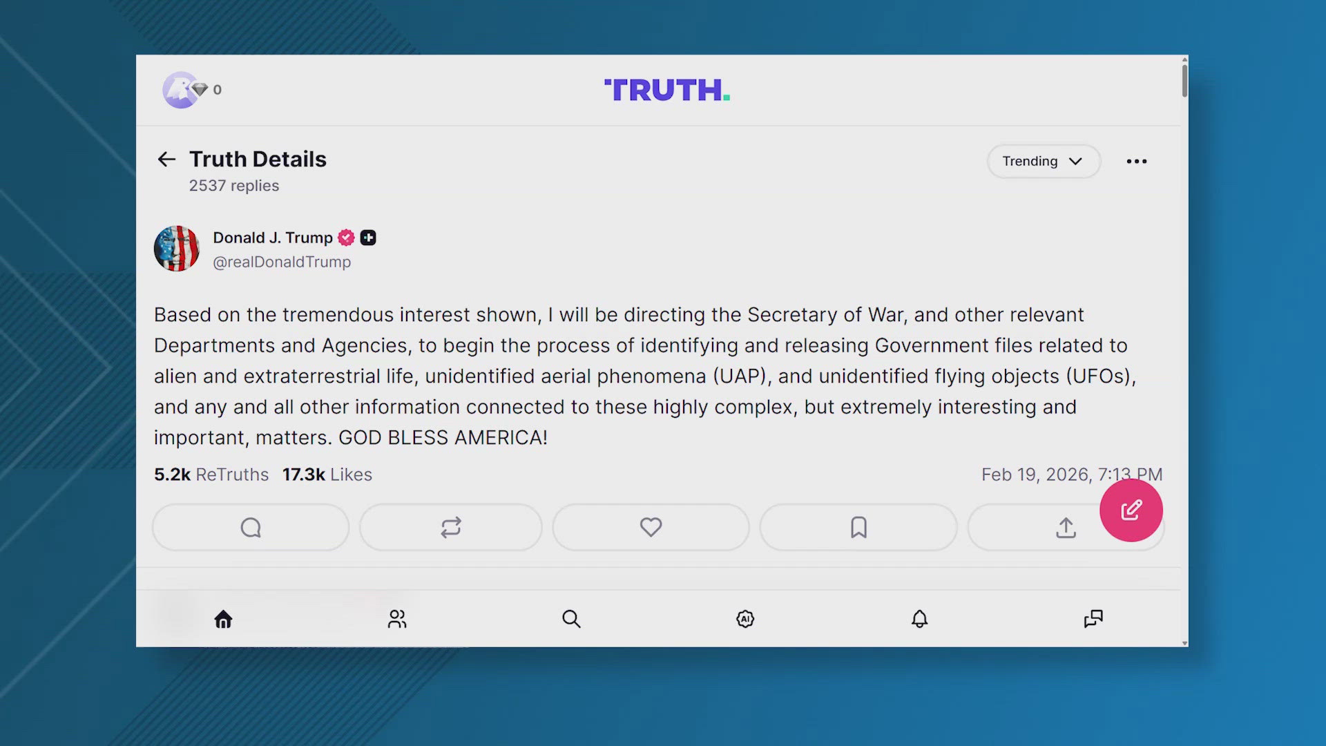 President Trump calls for release of any government files on aliens ...