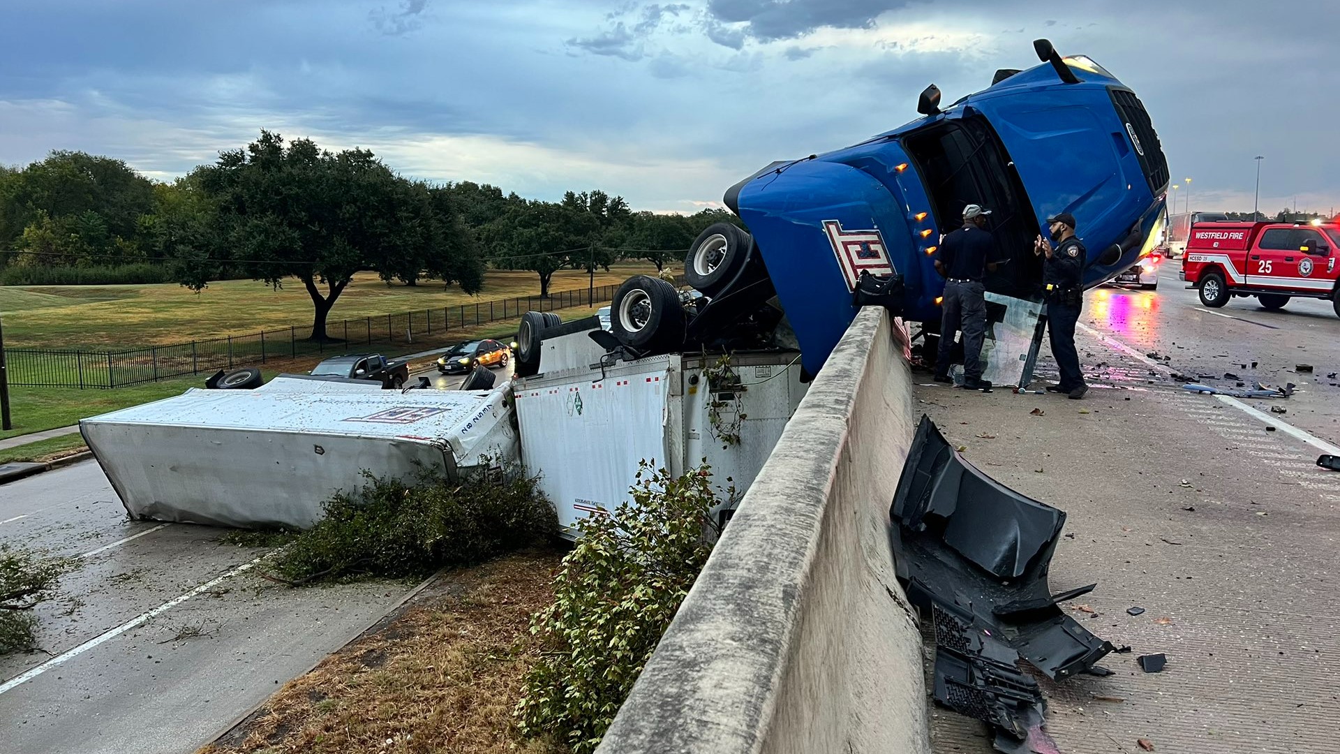 Houston: Crash leaves big rig hanging from US-59 at Lauder Road | khou.com