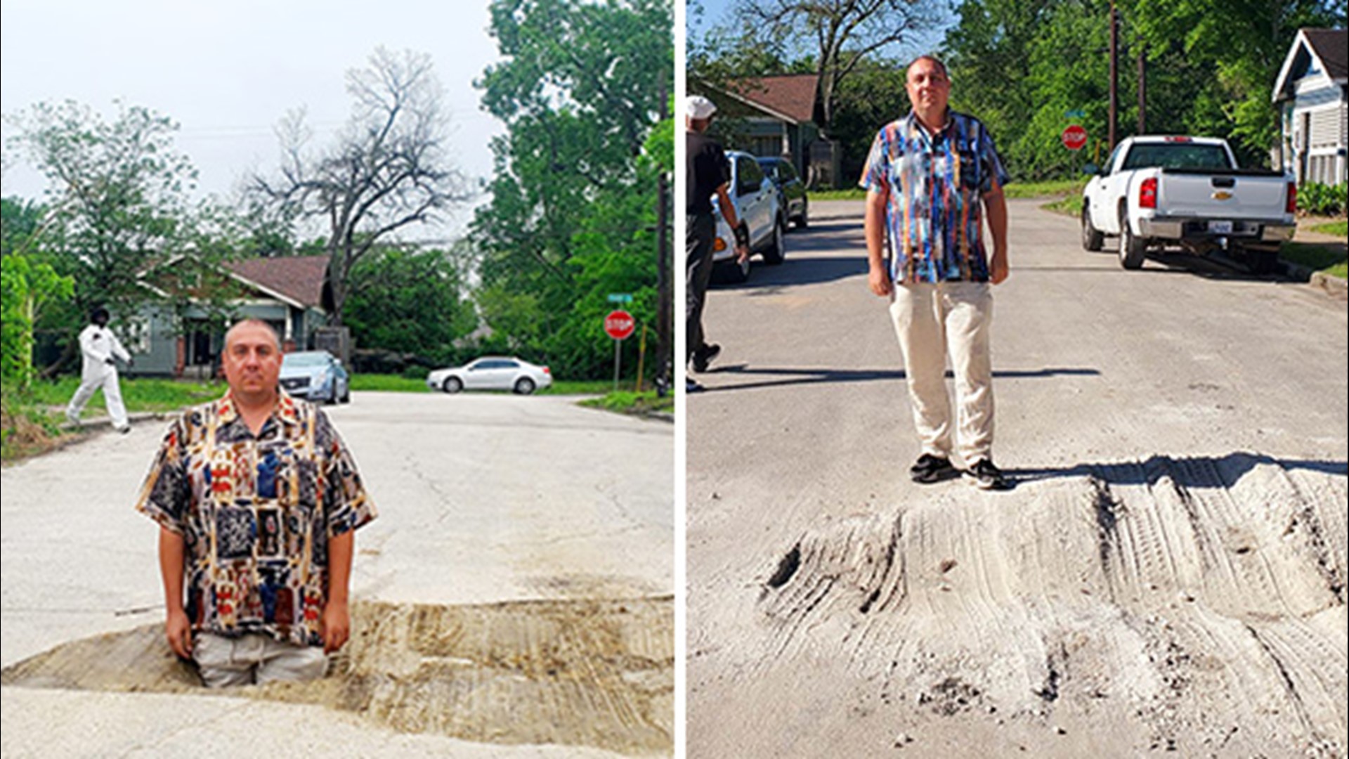 Houston road hole: Man stands inside to show how deep it is | khou.com