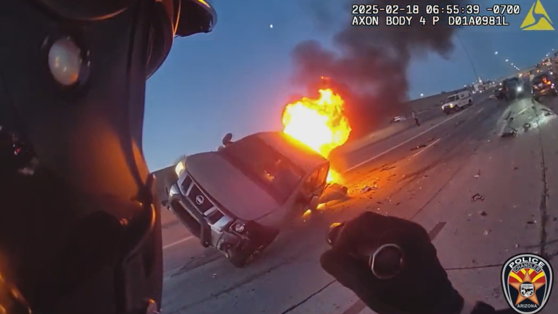 Officer, firefighter rescue driver after fiery crash in Arizona | khou.com