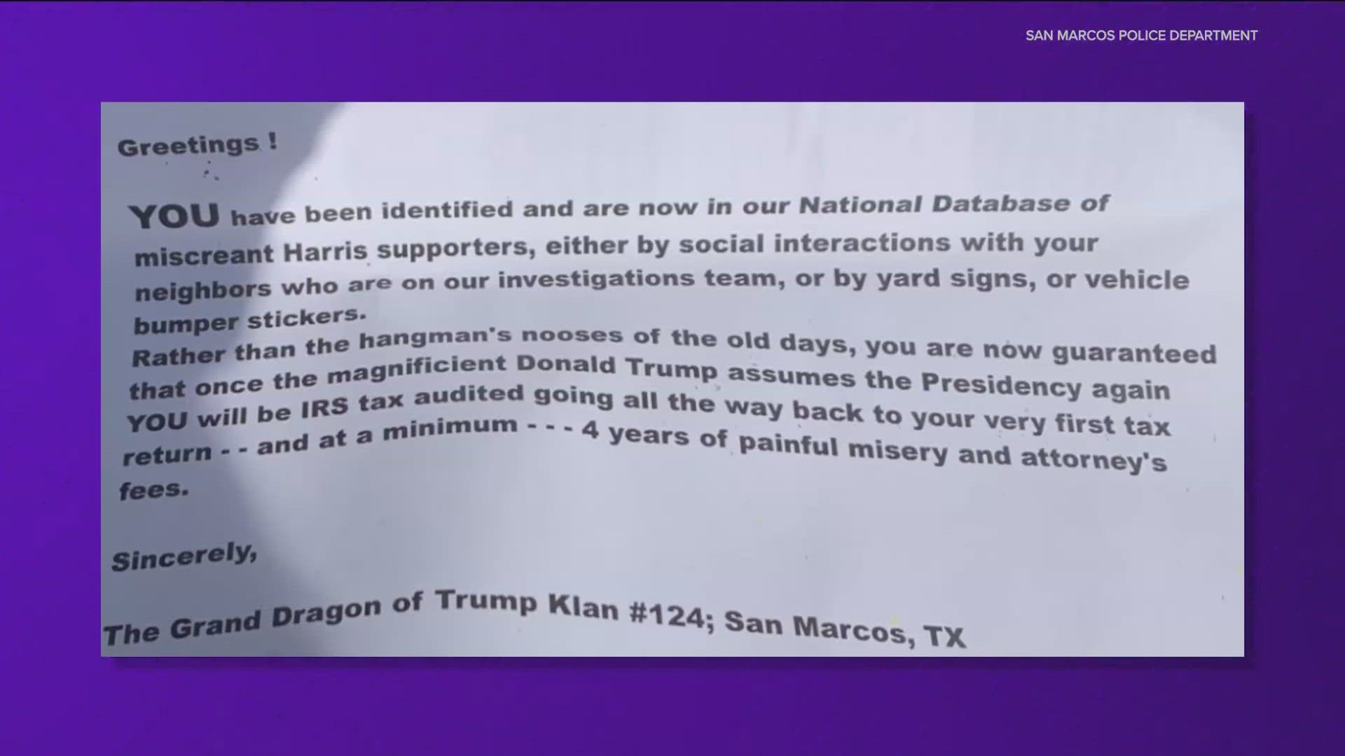 'Trump Klan' letters attached to signs in San Marcos, Texas | khou.com