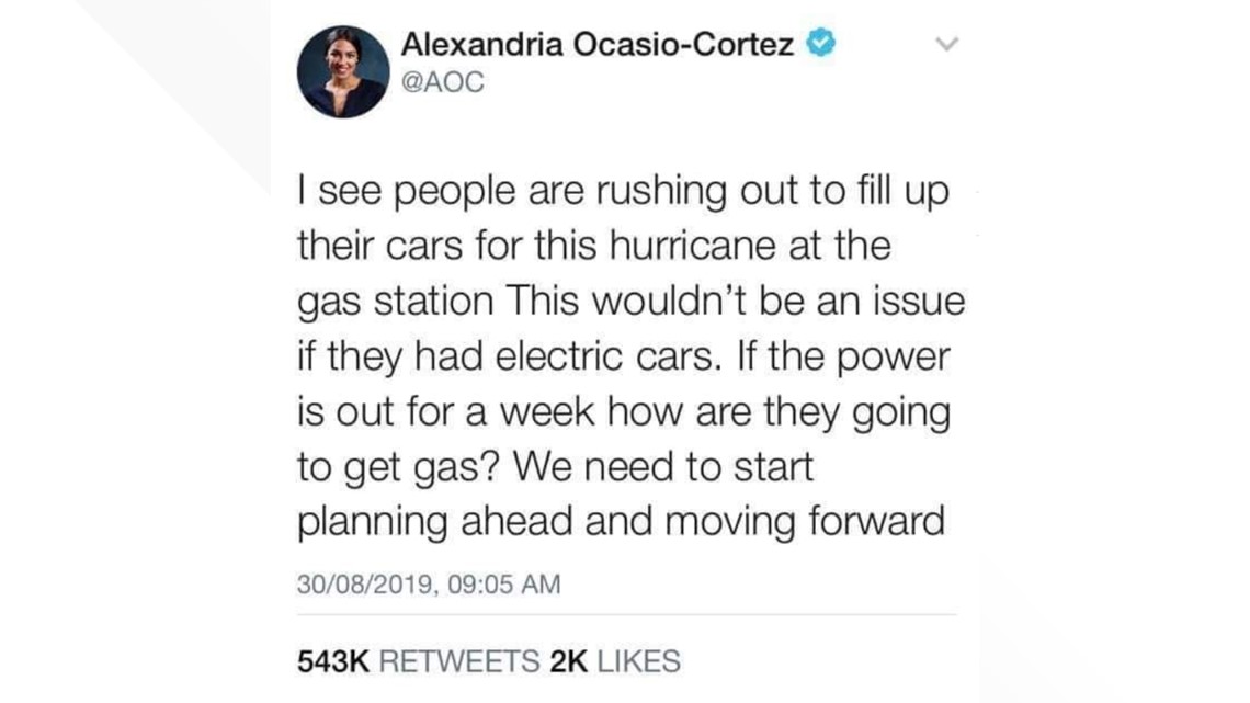 AOC didn’t tweet electric cars better than gas in hurricanes | khou.com