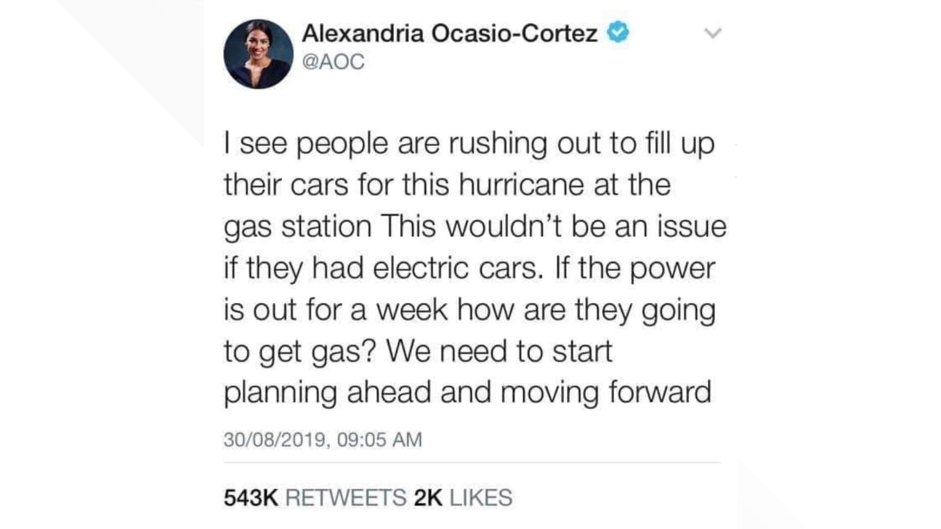 AOC didn’t tweet electric cars better than gas in hurricanes | khou.com
